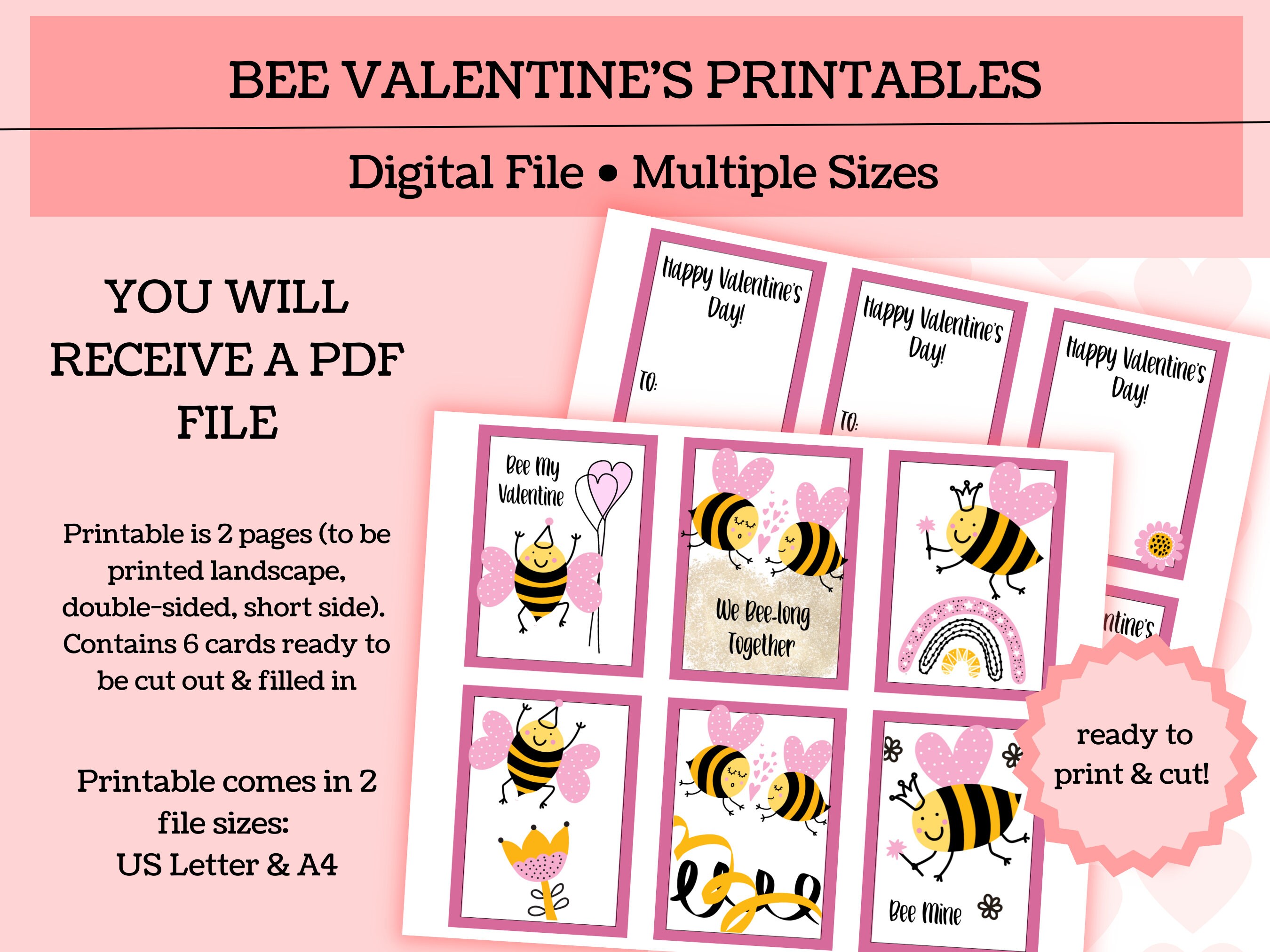 Bumble Bee Valentine's Printable Cards DIGITAL FILE Multiple Sizes ...