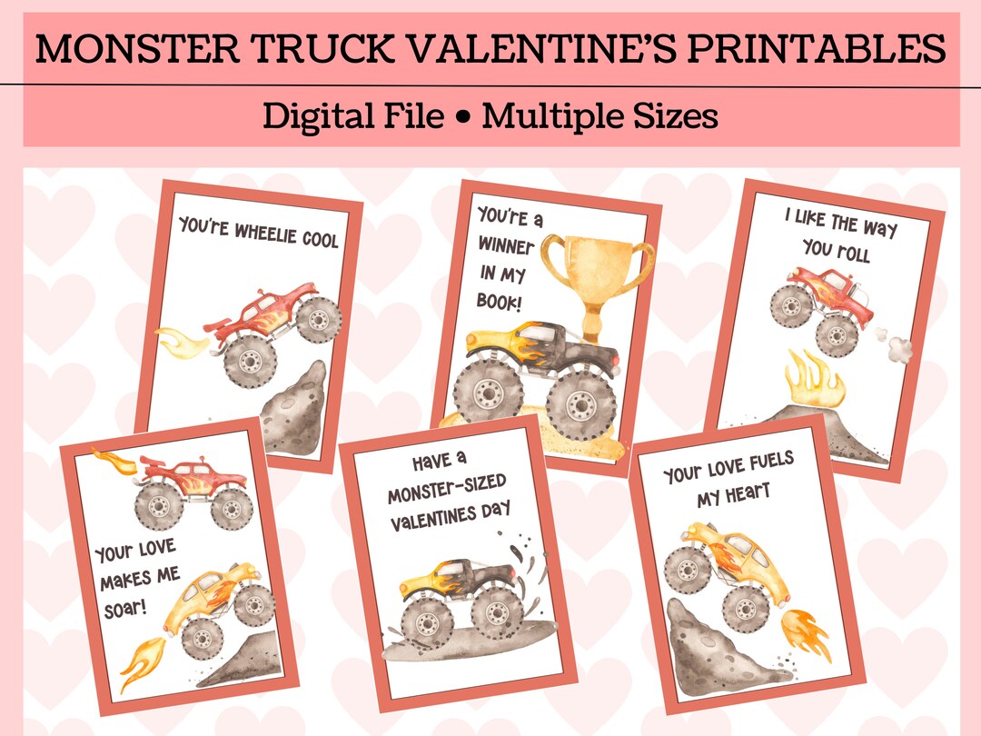 Monster Truck Valentine's Printable Cards DIGITAL FILE Multiple Sizes ...