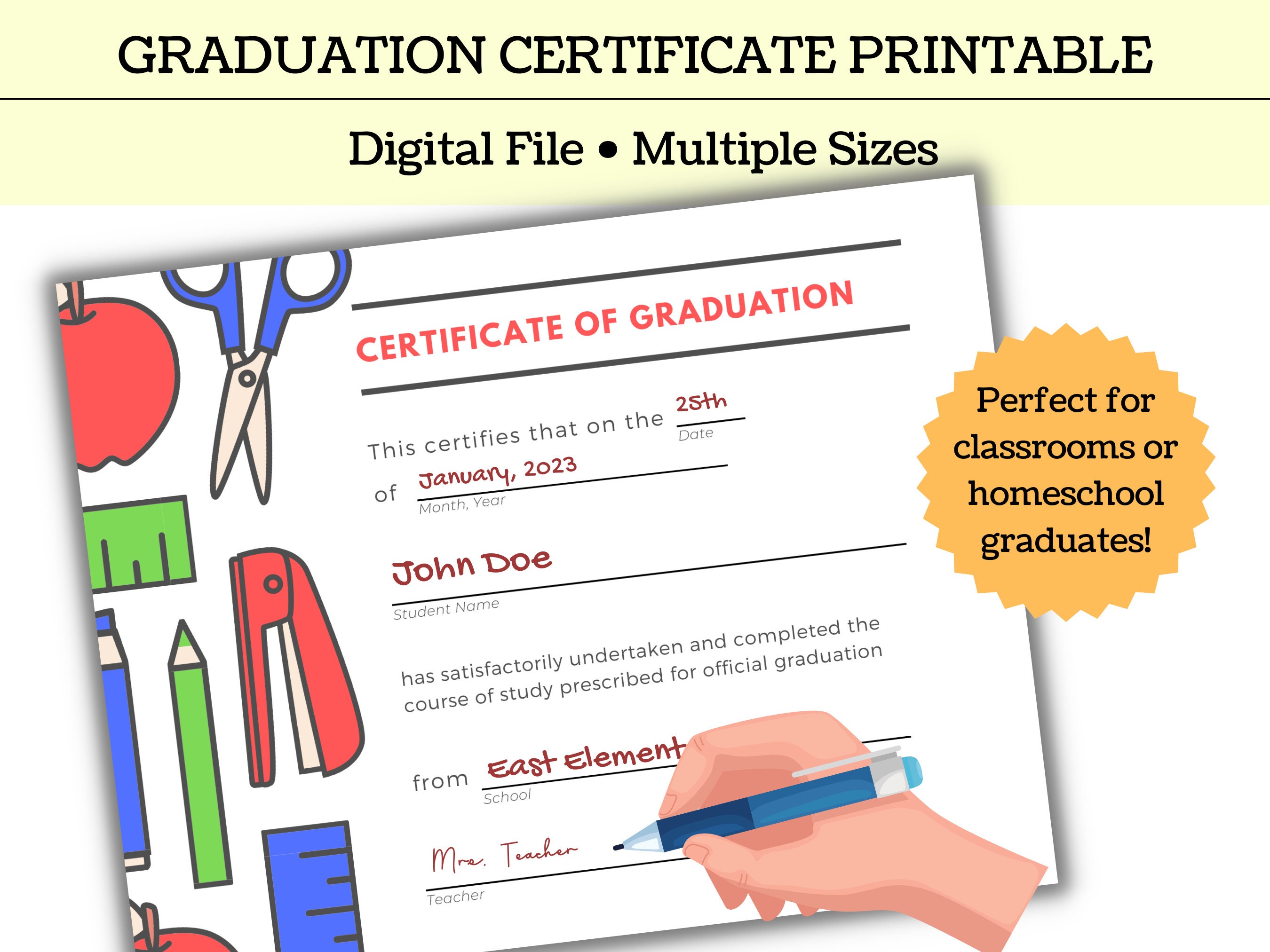 Graduation Certificate Printable Digital File Great For Classrooms Or