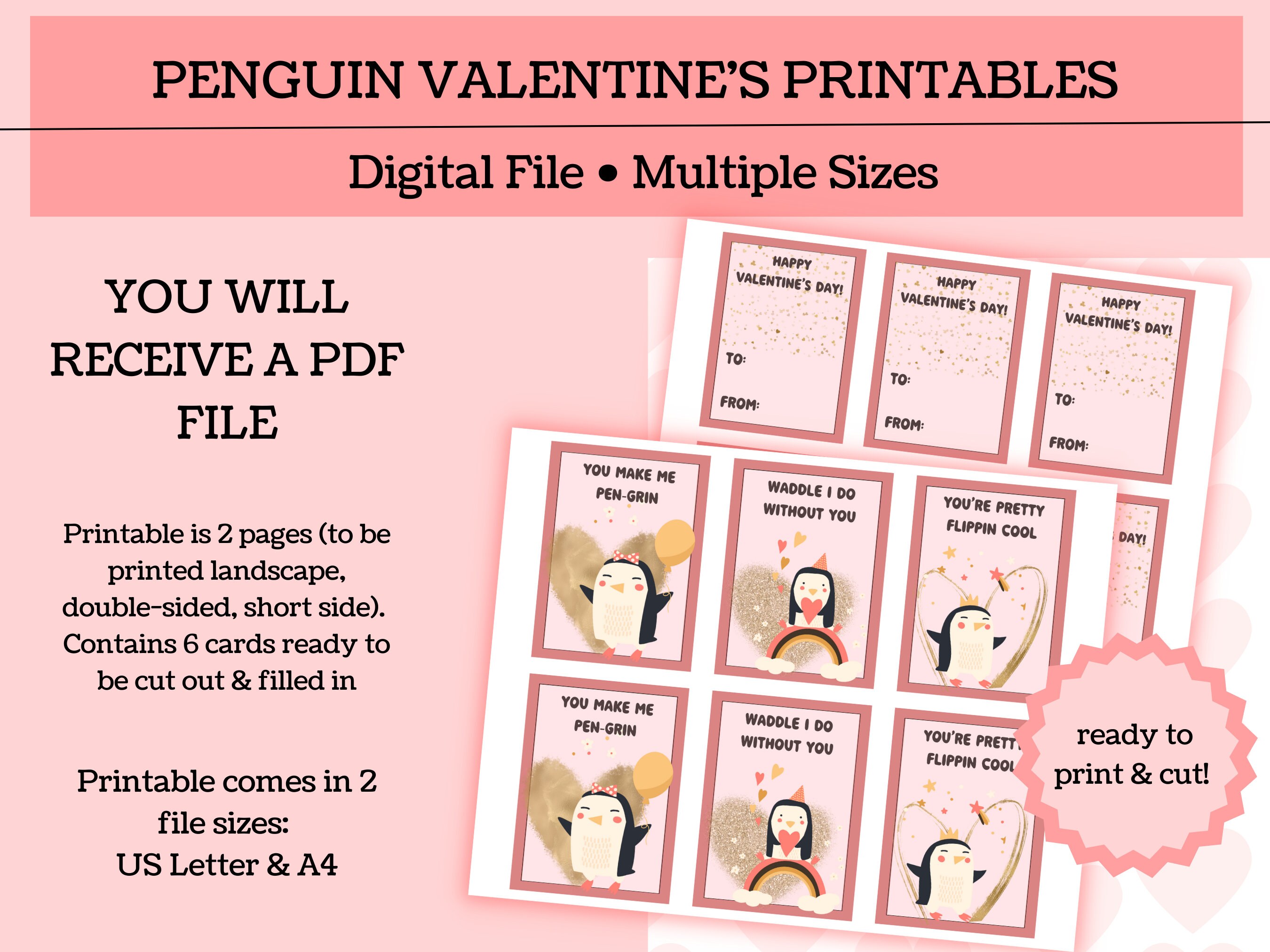 Penguin Valentine's Printable Cards DIGITAL FILE Multiple Sizes Great ...