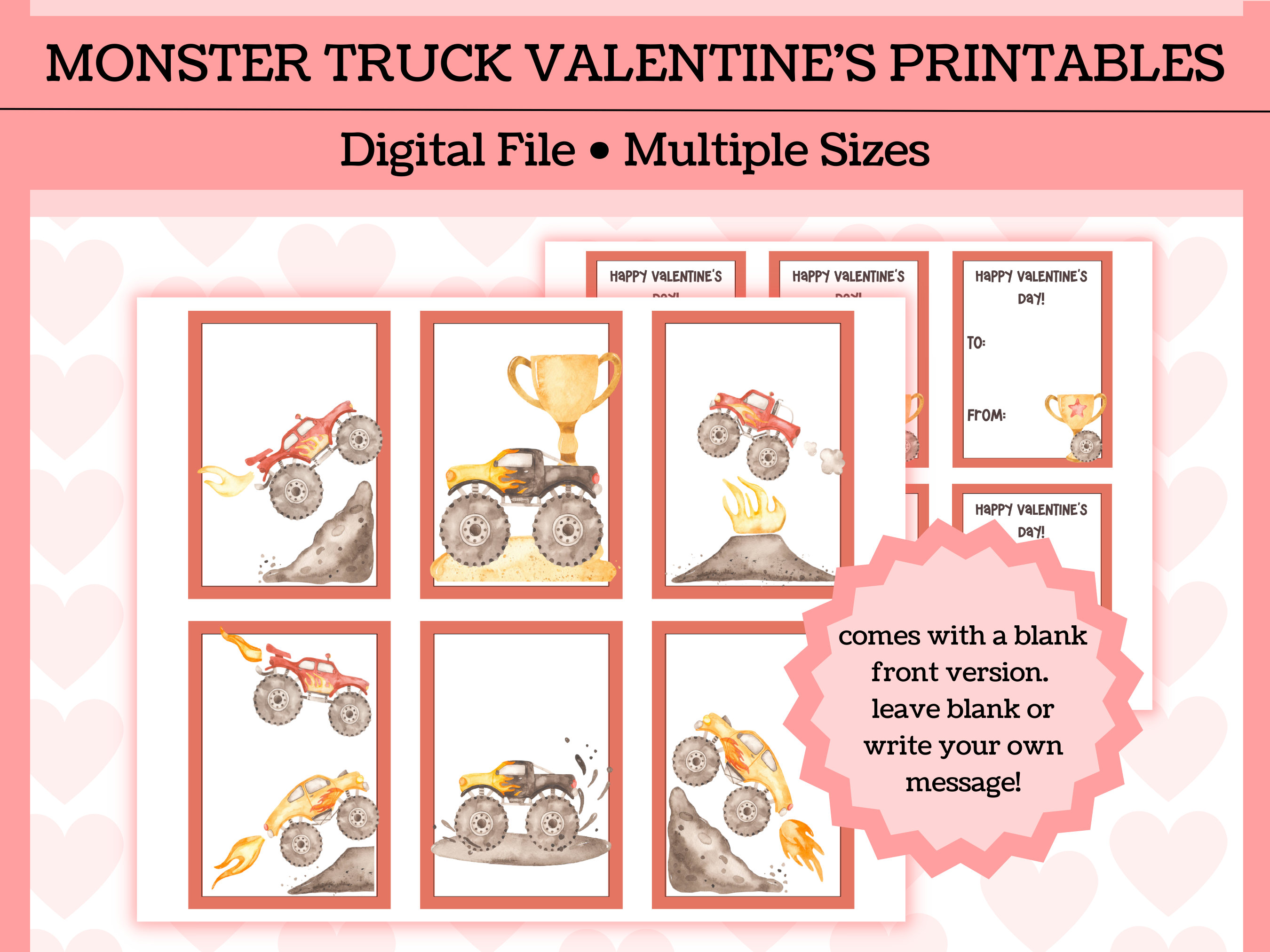 Monster Truck Valentine's Printable Cards | DIGITAL FILE | Multiple ...