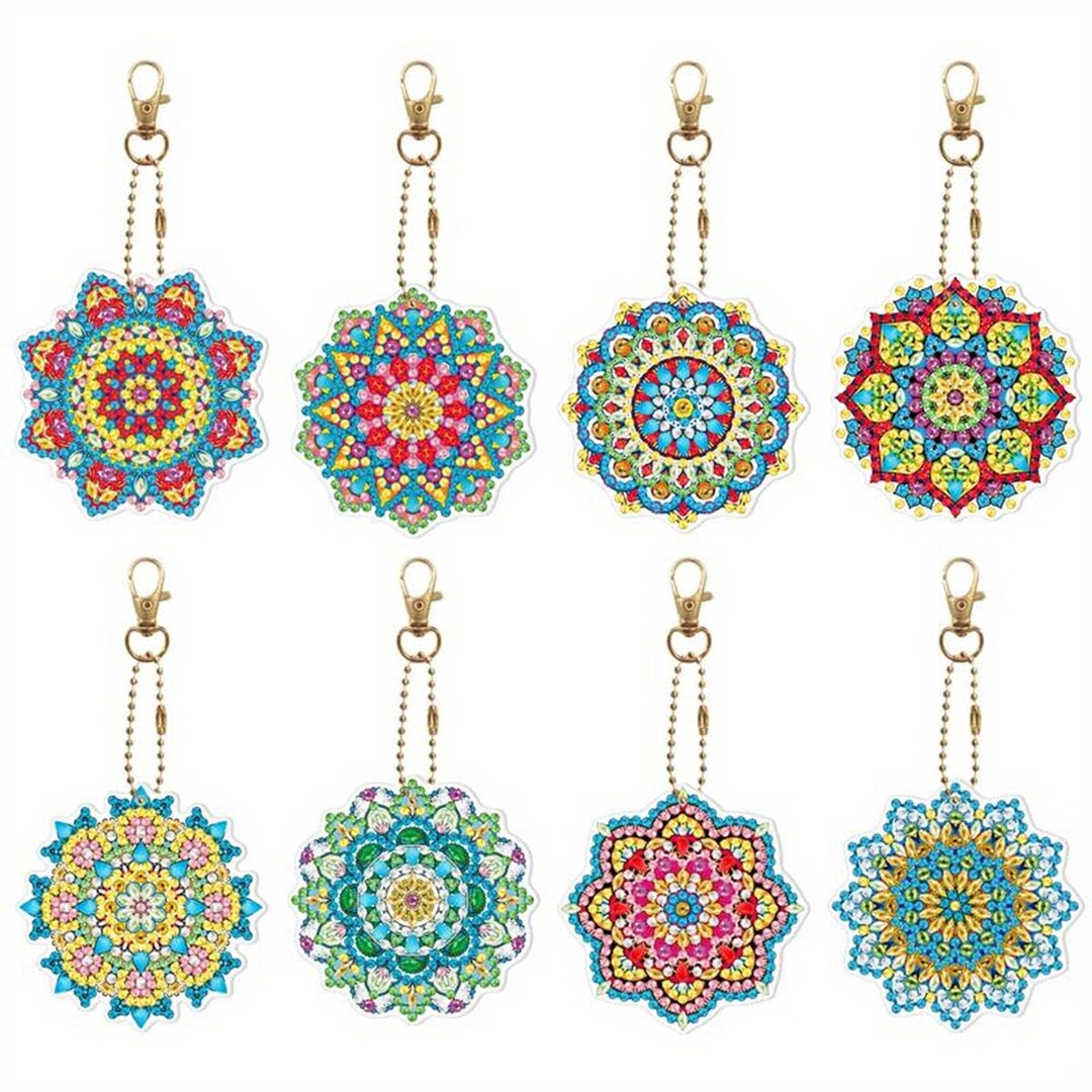 8 Pcs 5D DIY Assorted Medallion Flower Diamond Art Keyrings by Numbers ...