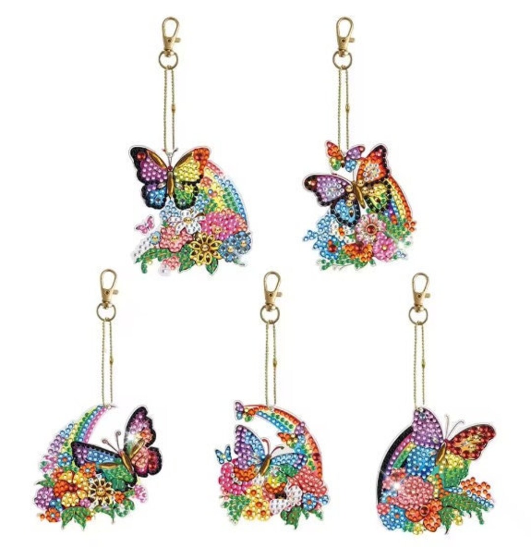 5pcs 5D DIY Assorted Colourful Rainbow Butterfly Diamond Art Keyrings ...