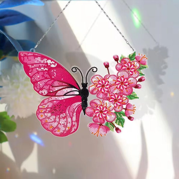 DIY Diamond Art Pendant Kit: Floral Pink Butterfly Acrylic Decoration ...