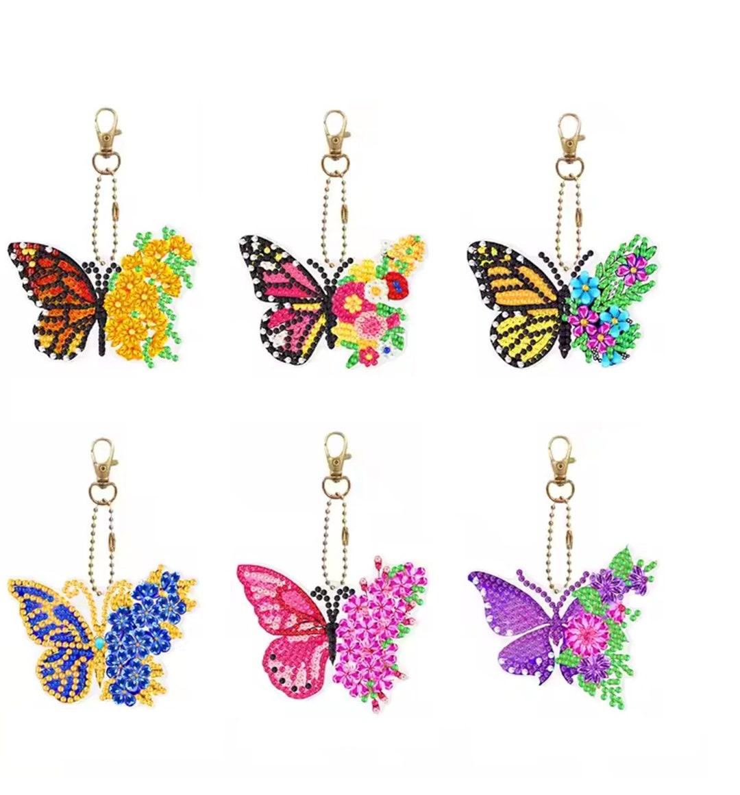 6pcs 5D DIY Assorted Flower Butterfly Diamond Art Keyrings by Numbers ...