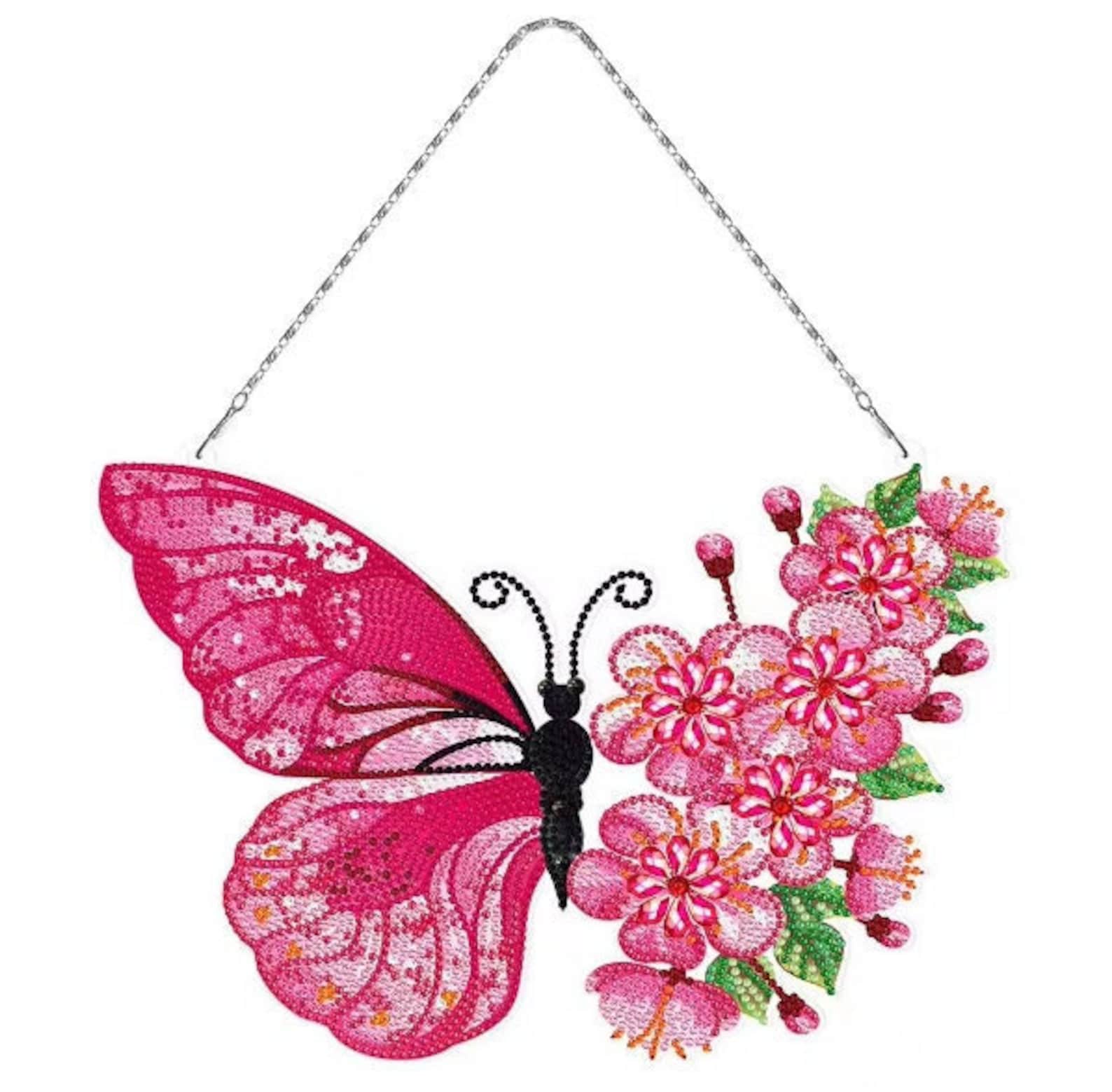 DIY Diamond Art Pendant Kit: Floral Pink Butterfly Acrylic Decoration ...