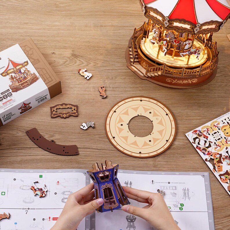 DIY Dual‑drive Carousel Music Box 3D Puzzle Craft Kit With LED & Touch ...