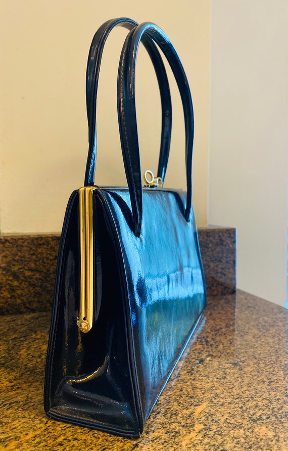 Vintage 50's Patent Blue Leather Kelly Style Handbag,… - Gem