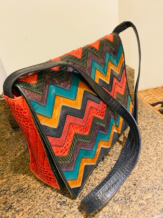 BEAUTIFUL Vintage Multi-Coloured Leather 1980's Handb… - Gem