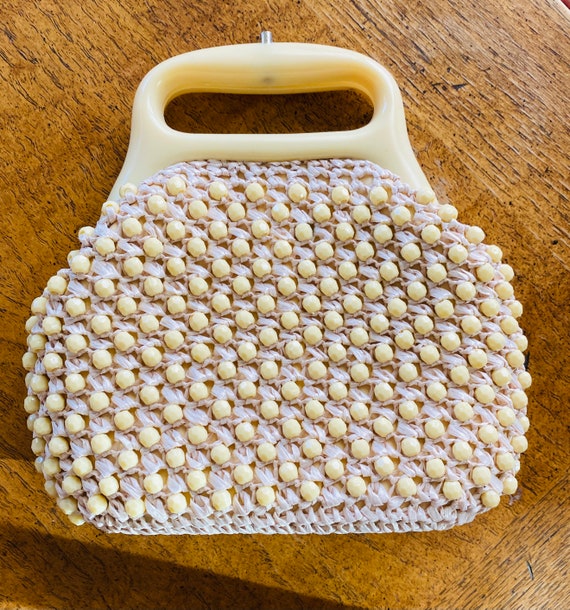 BEAUTIFUL Vintage 1950's Cream Raffia & Beaded Handba… - Gem