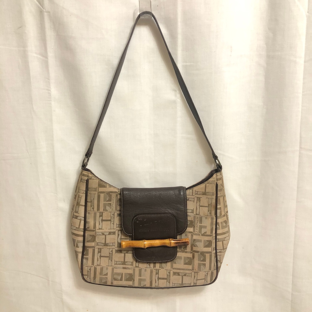 Mario Hernandez Beige Monogram Canvas Bamboo Shoulder Bag, Jacquard ...