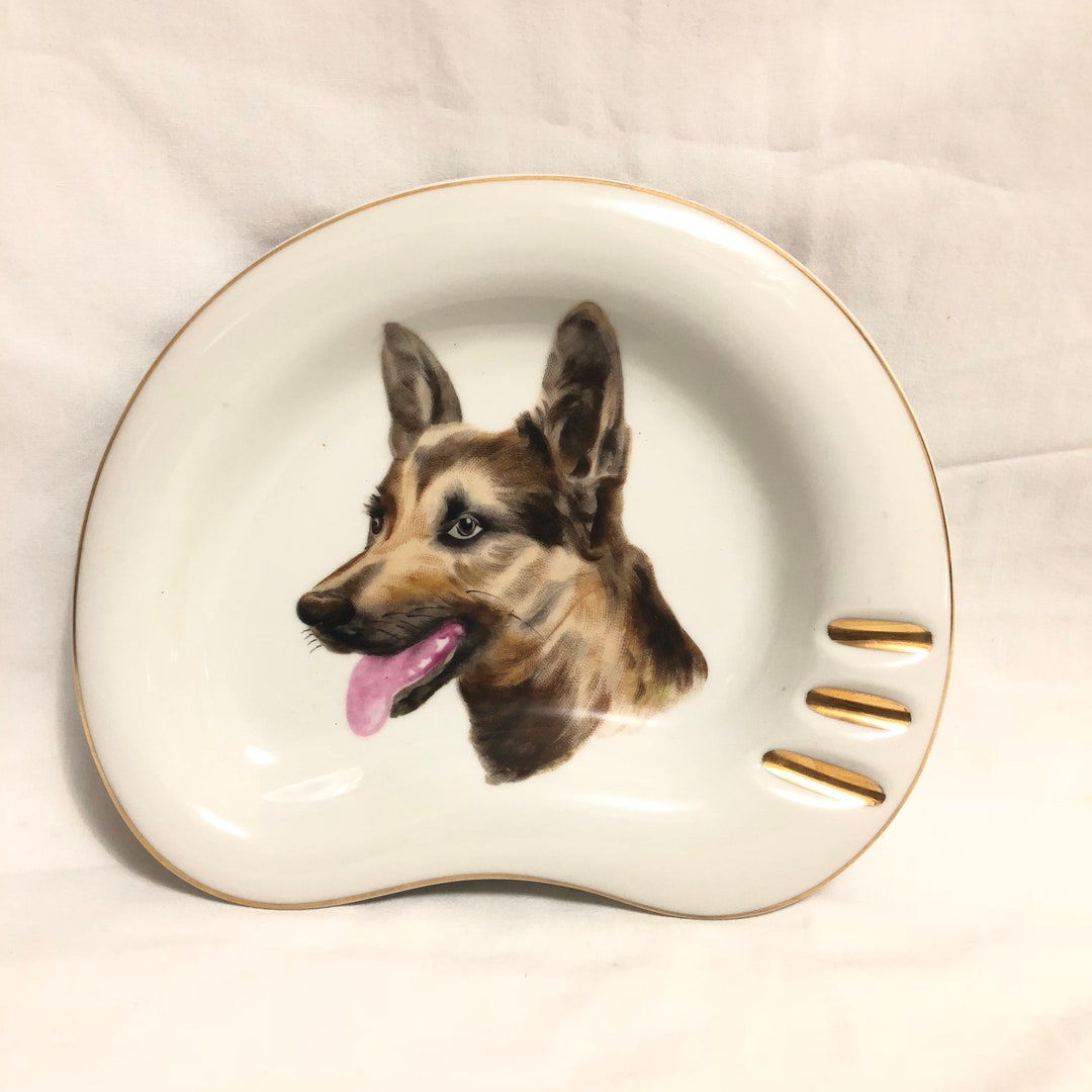 Vintage White and Gold Ashtray With Dog Print, Mid Century Porcelain ...