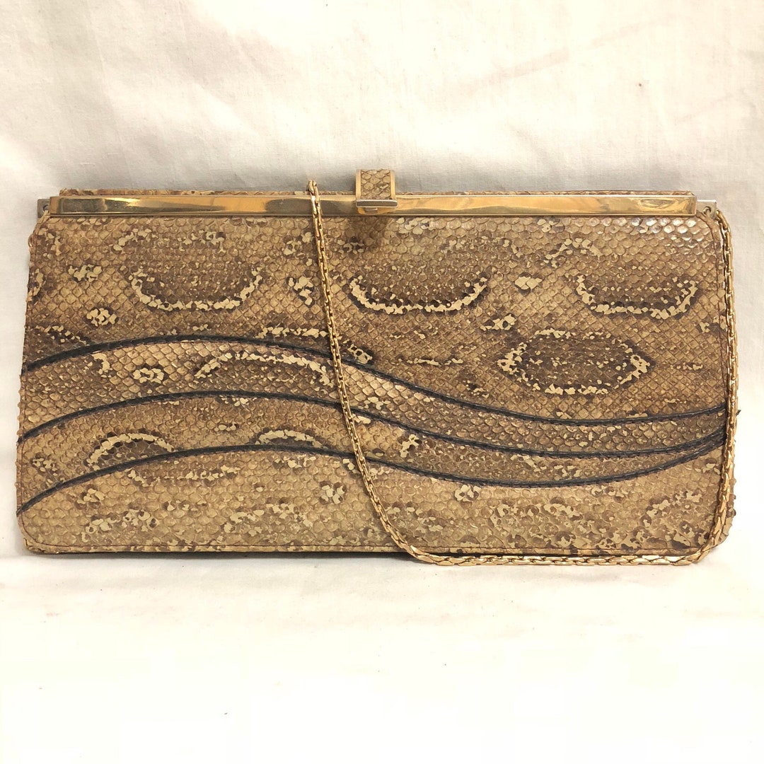Natural Python Clutch With Gold Chain, Beige Snakeskin Purse, Genuine ...