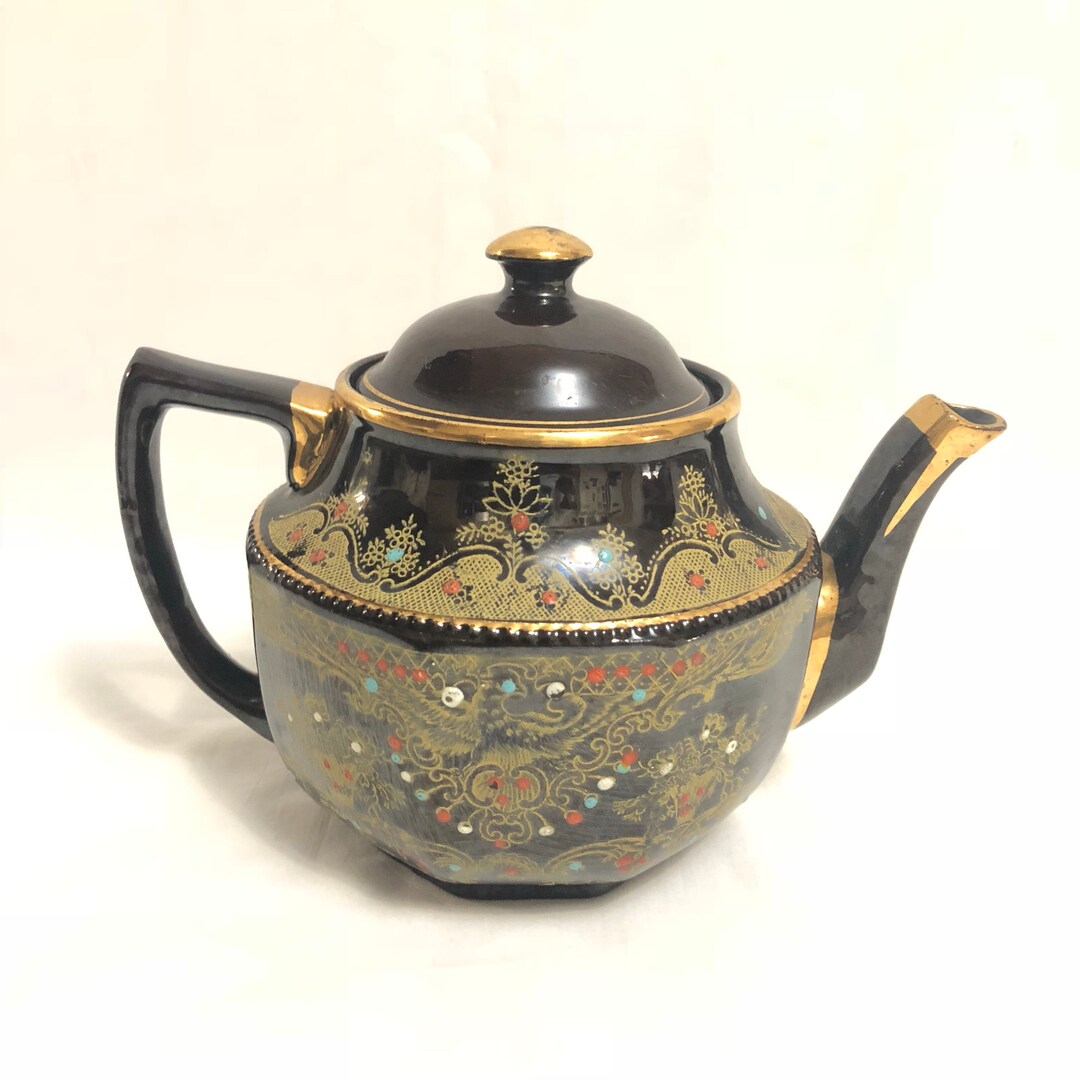 Vintage Black/dark Brown Ornate Teapot With Gold Bird Painting Made in ...