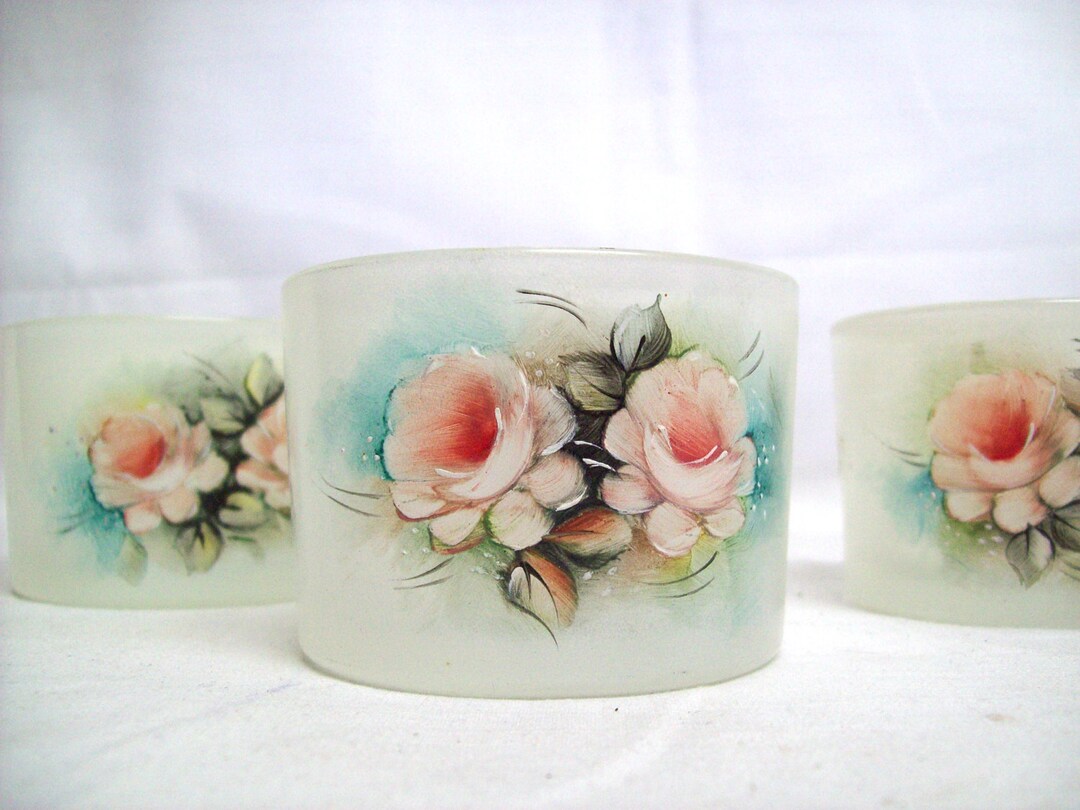 Vintage Hand Painted Decorative Floral Glass Cups / Cute Painted Glass ...