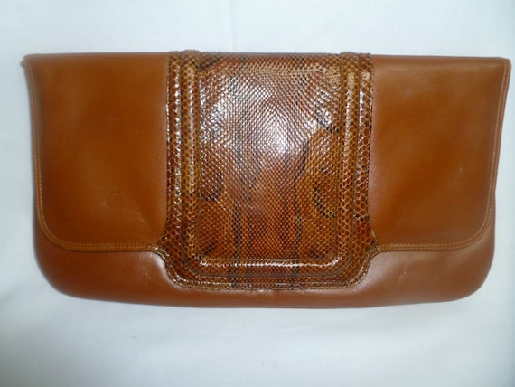 Vintage Brown Leather and Python Snakeskin Flat Clutch Purse | Etsy