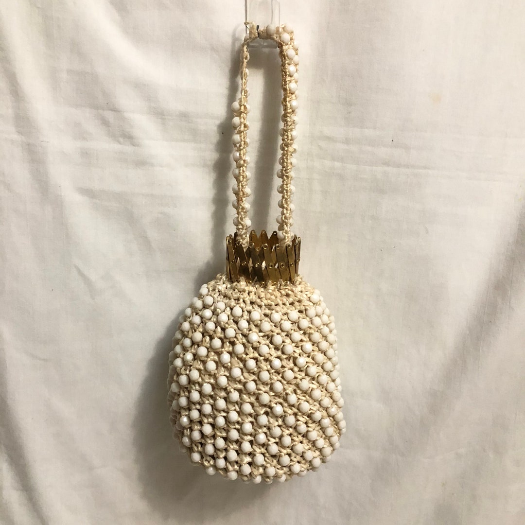 Le Jule White Beaded Straw Accordion Bag Tropical Straw Purse Boho ...