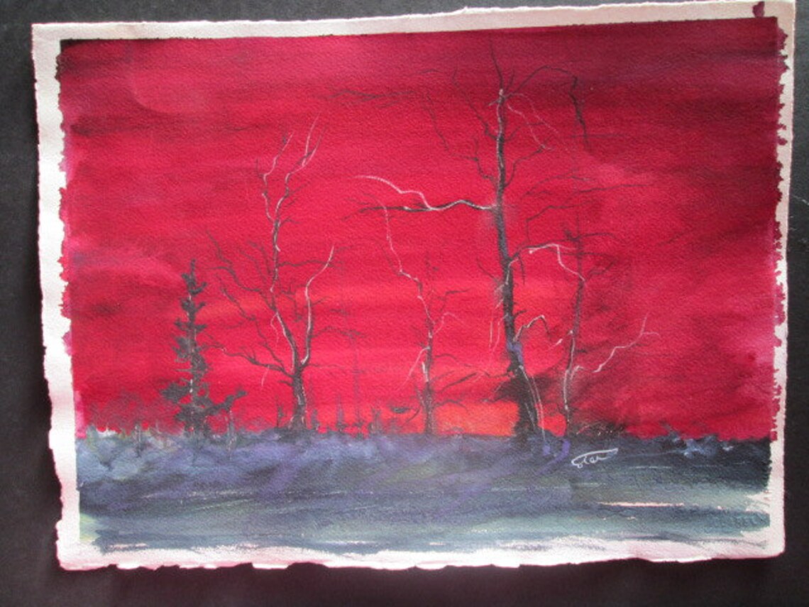 Red and Black Tree Painting Sunrise Watercolor Original - Etsy