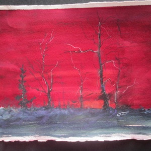 Red and Black Tree Painting Sunrise Watercolor Original 10.5x14 ...