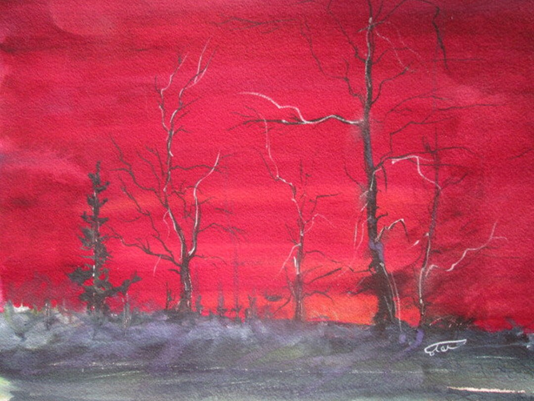 Red and Black Tree Painting Sunrise Watercolor Original - Etsy