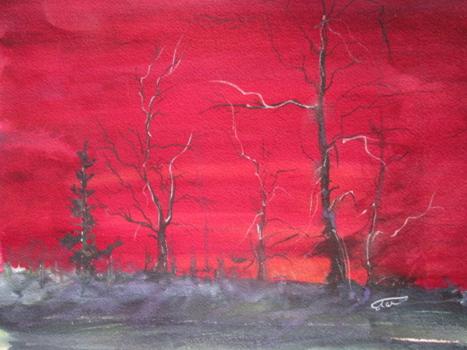 Red and Black Tree Painting Sunrise Watercolor Original - Etsy