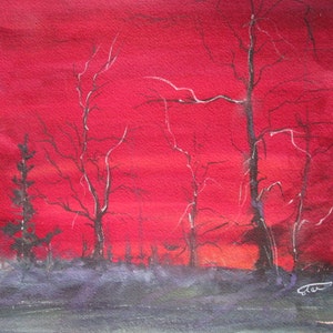 Red and Black Tree Painting Sunrise Watercolor Original 10.5x14 ...