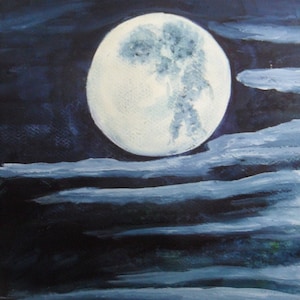 Full Moon Painting , 16x20 Matted, Night Sky Painting, Signed, Navy ...