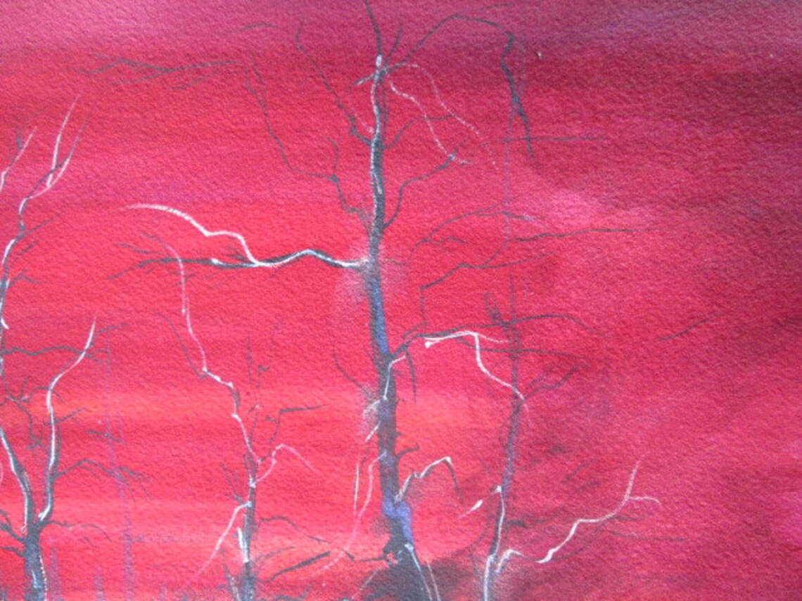 Red and Black Tree Painting Sunrise Watercolor Original - Etsy