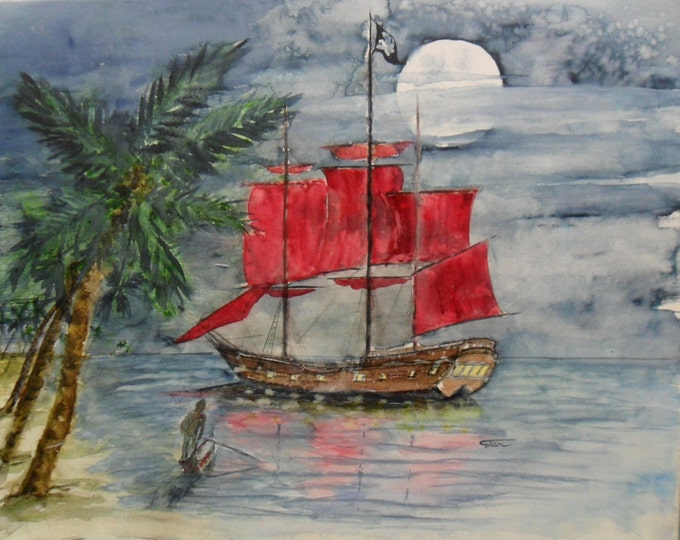 Pirate Ship Painting Original Watercolor - 16 X 20 - Pirate Art - Beach ...