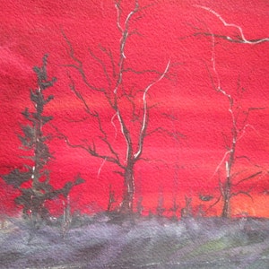 Red and Black Tree Painting Sunrise Watercolor Original 10.5x14 ...