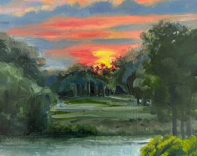 Original Oil Painting of Golf Course, Sunset or Golf Scene Art, Wall ...