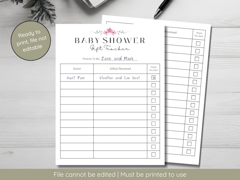 Pink Baby Shower Gift Tracker, Printable Gift Log, Flower Gift List ...