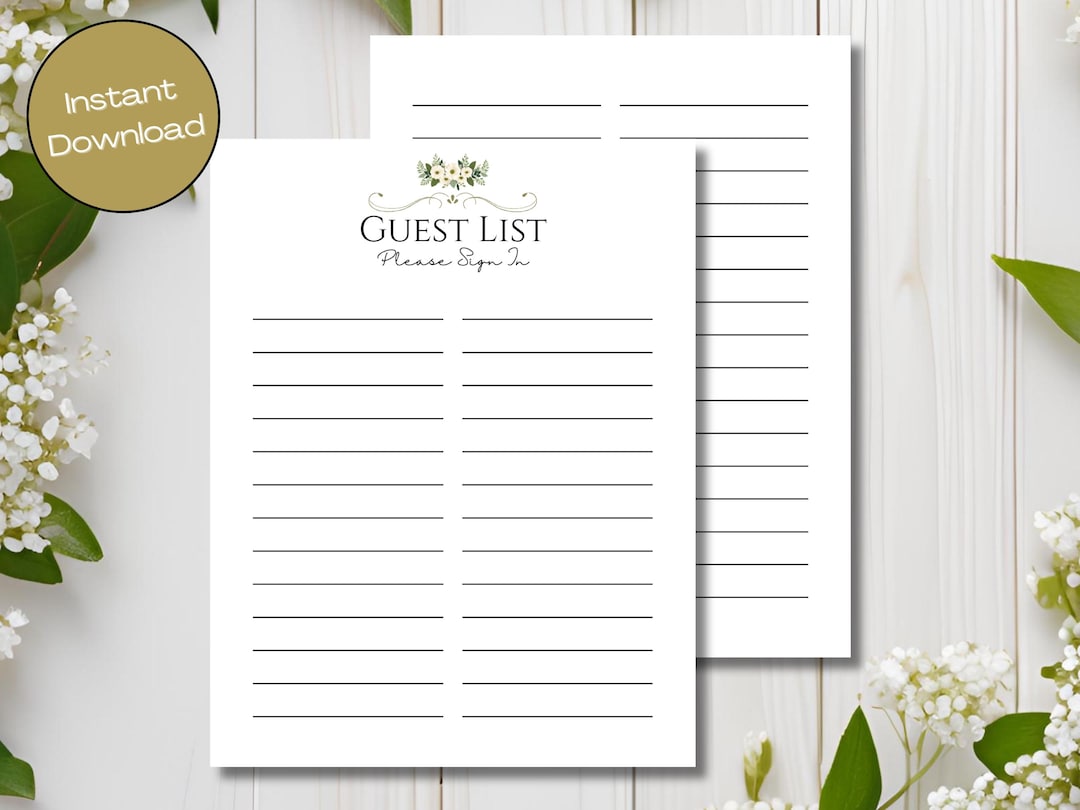 Guest List Sign in Sheet, Wedding Shower Guest List, Printable Bridal ...