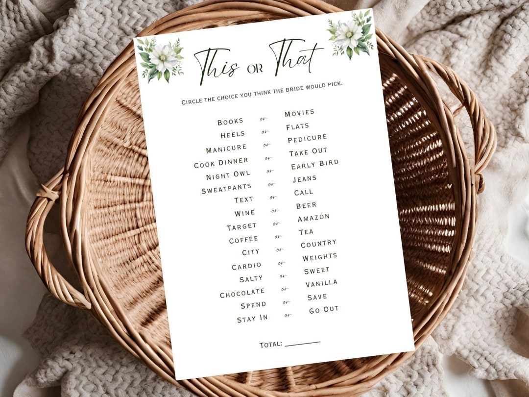 This or That Game, Wedding Shower Game, Bridal Shower Activity, Would ...