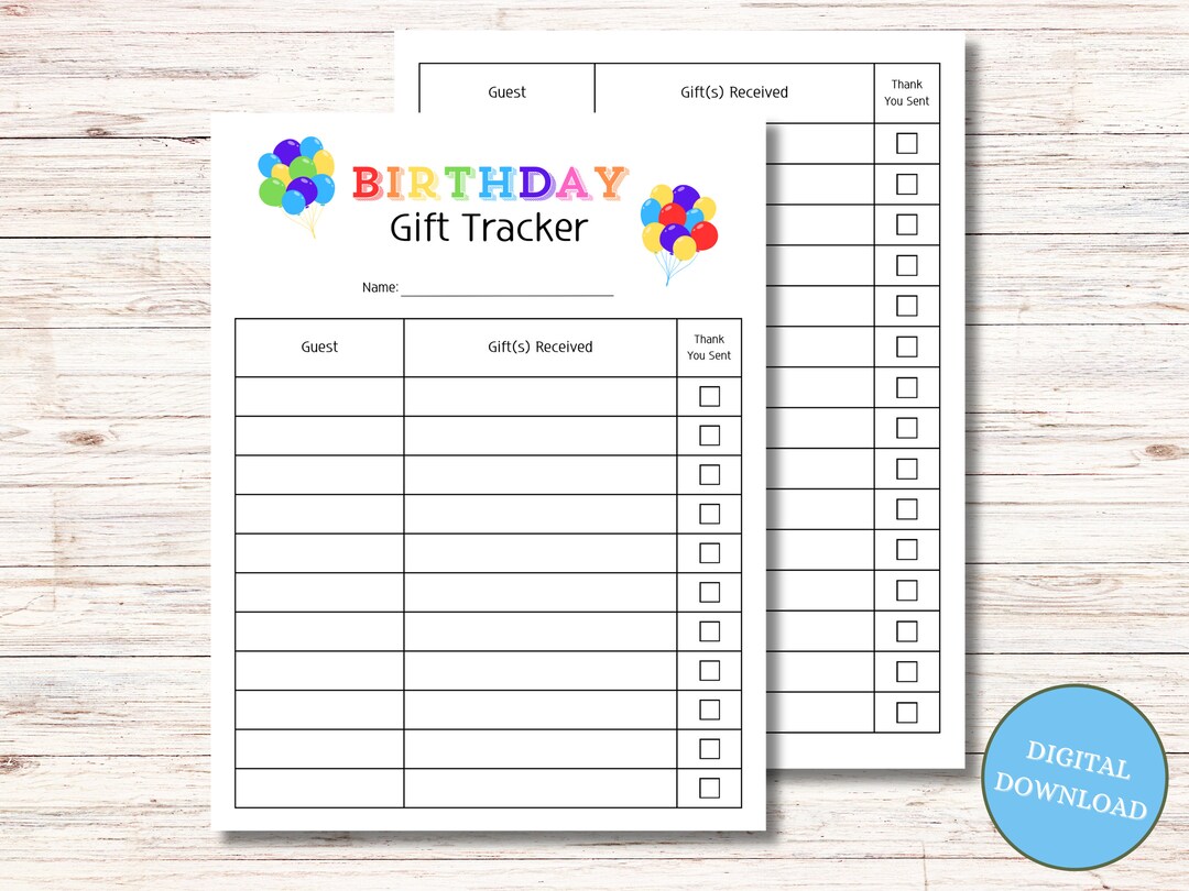 Birthday Gift Tracker Printable Gift Tracker Birthday Party Gift List ...