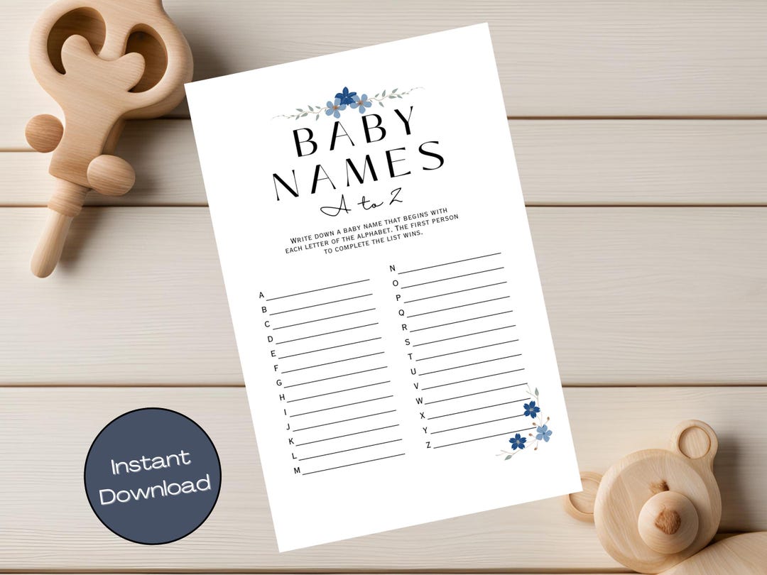 Baby Name A to Z Game, Blue Baby Shower Game, Printable Baby Alphabet ...