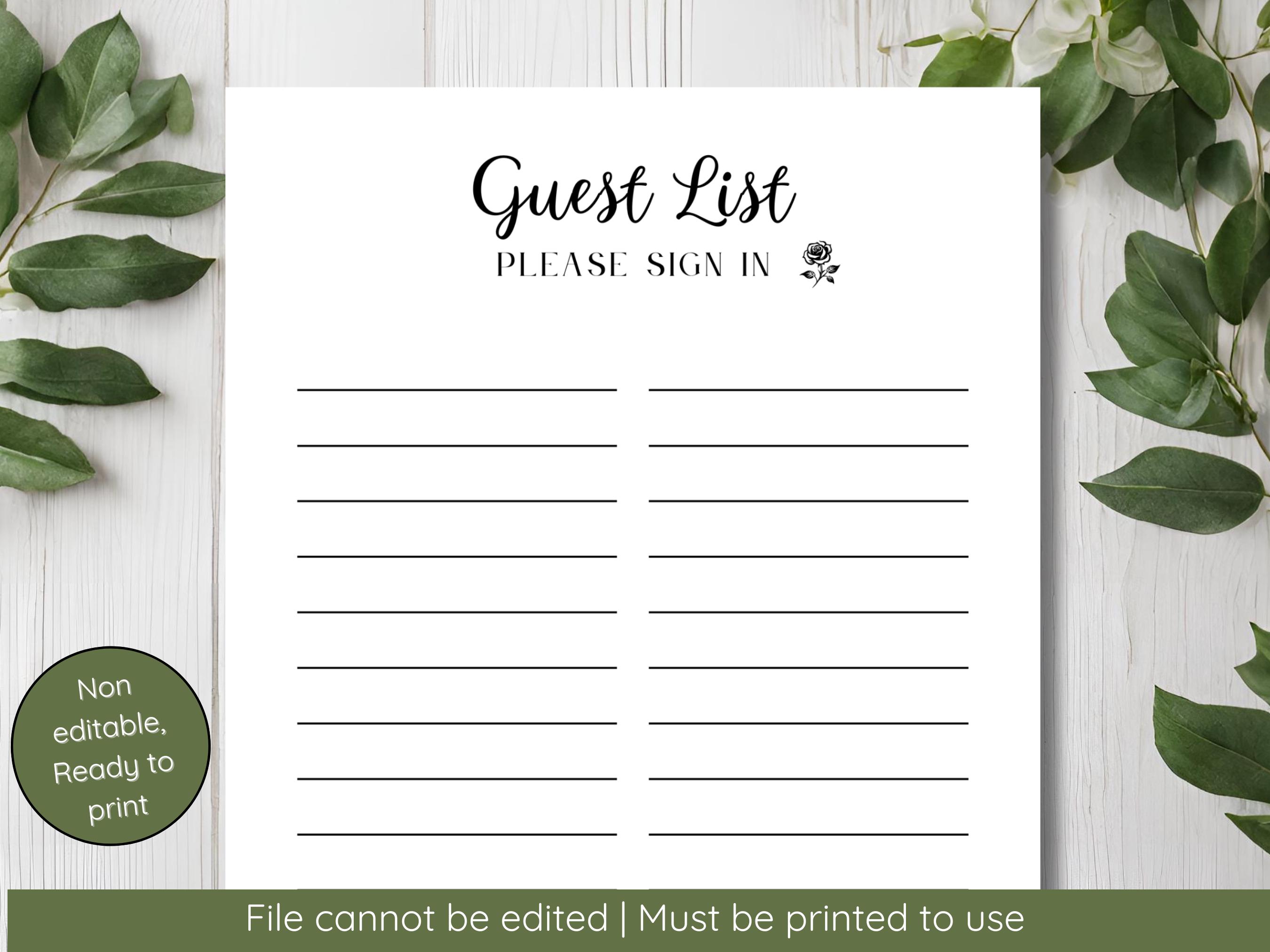 Guest List Sign in Sheet, Wedding Shower Guest List, Printable Bridal ...