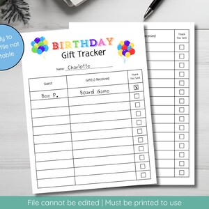 Birthday Gift Tracker, Printable Gift Tracker, Birthday Party Present ...