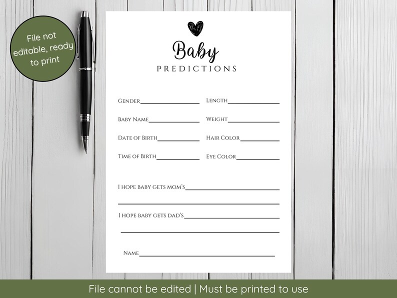 Baby Predictions Card, Baby Shower Activity, Gender Reveal Game, Guess ...
