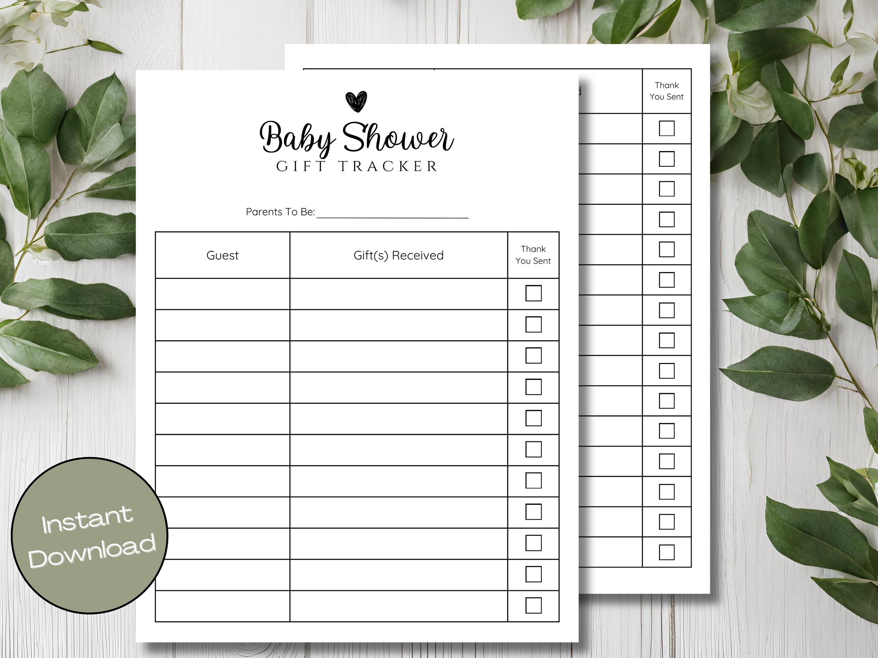 Baby Shower Gift Tracker, Printable Heart Gift Log, Simple Gift List ...
