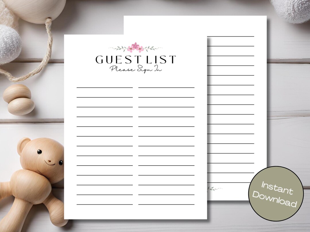Guest List Sign in Sheet, Pink Baby Shower Guest List, Printable Baby ...