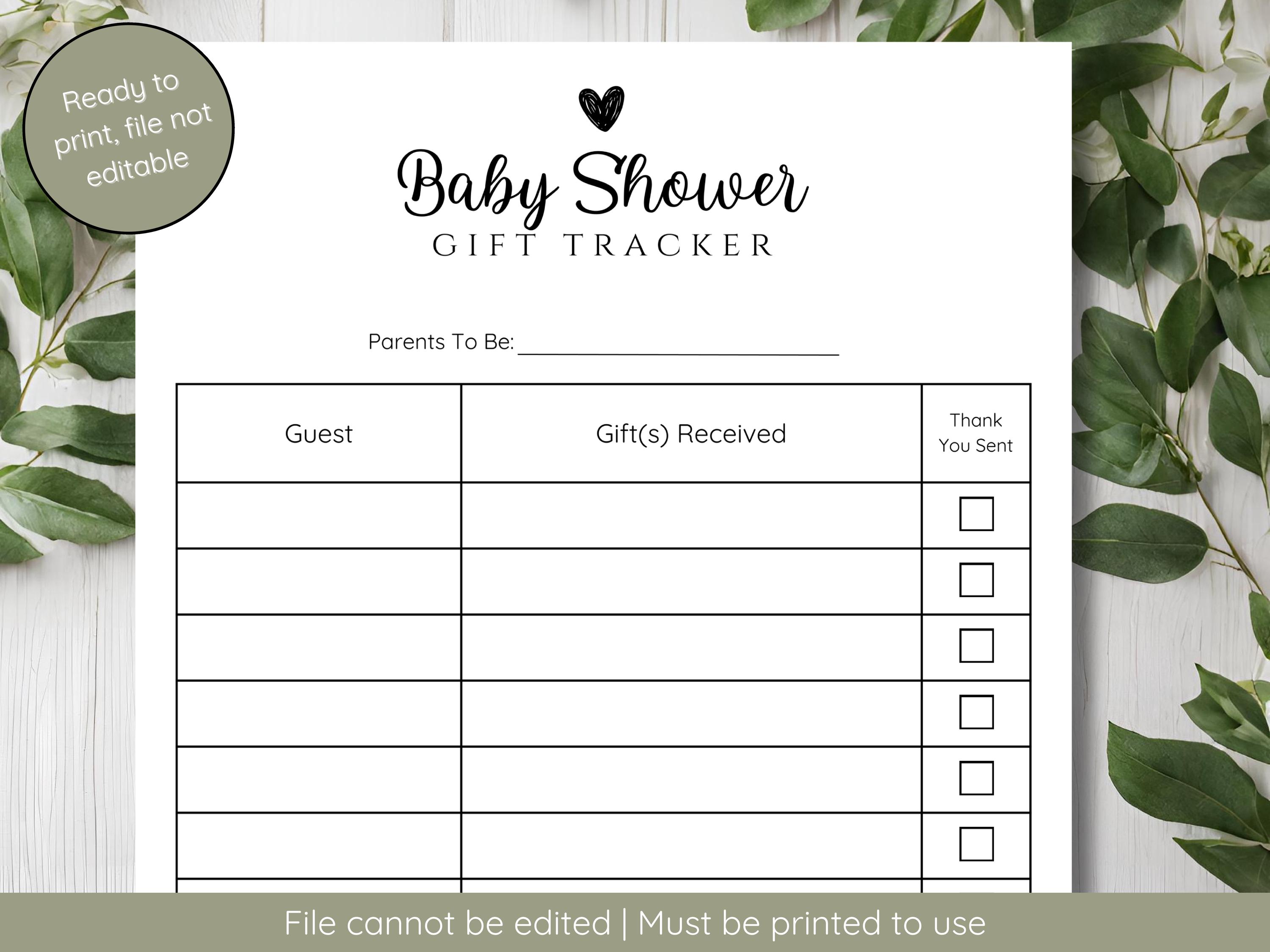 Baby Shower Gift Tracker, Printable Heart Gift Log, Simple Gift List ...