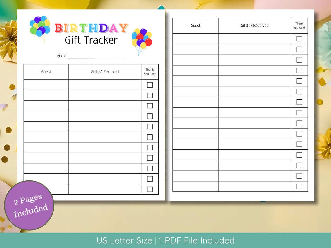 Birthday Gift Tracker, Printable Gift Tracker, Birthday Party Present ...