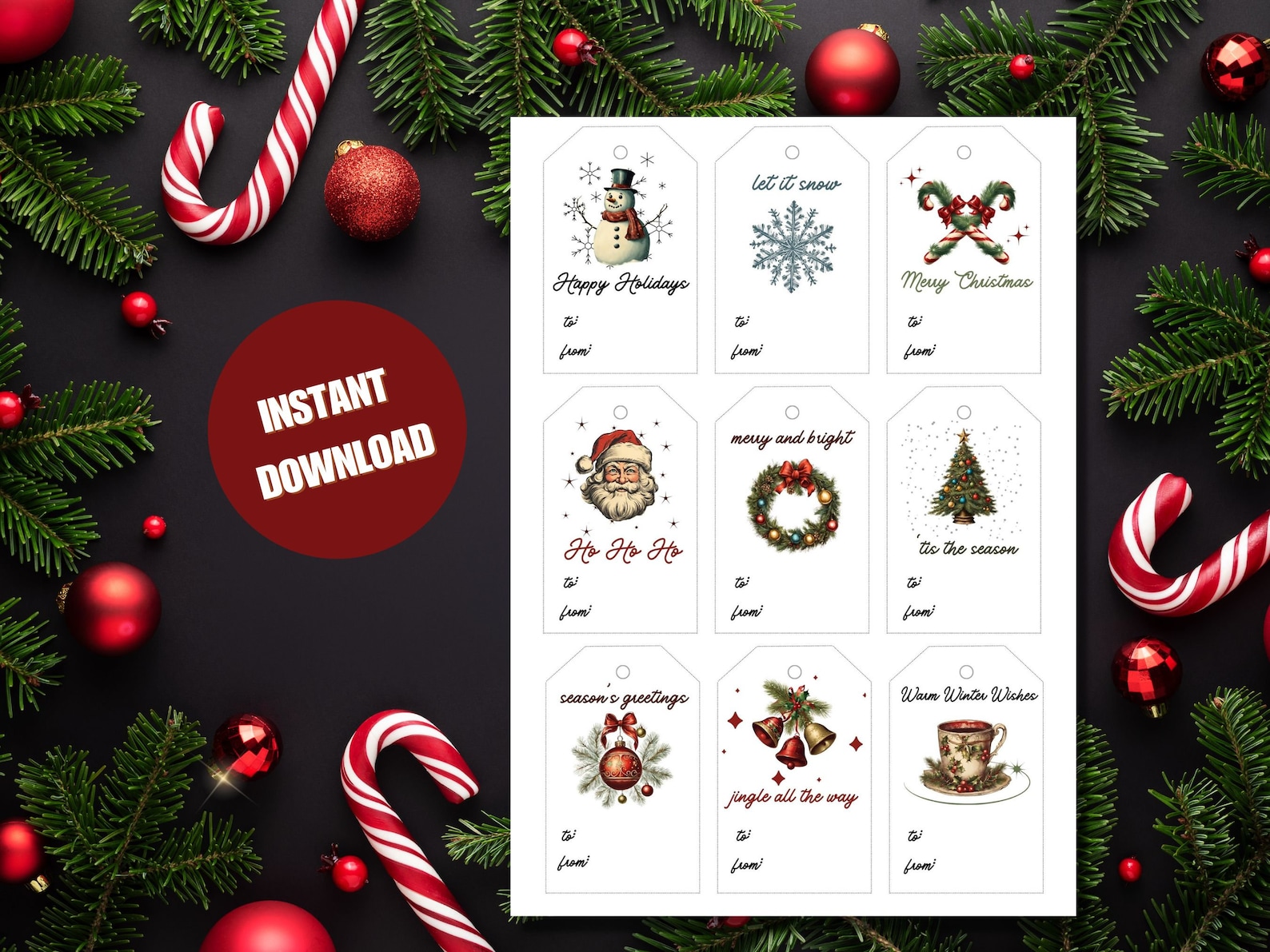 Vintage Christmas Gift Tags Printable Retro Christmas Gift Tags Set of ...