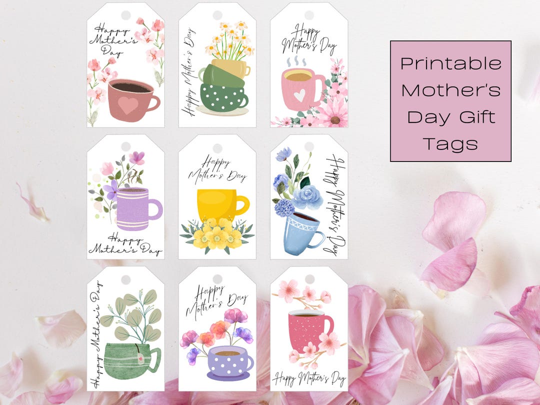 Flowers and Coffee Mother's Day Gift Tags, Printable Floral Bouquet ...