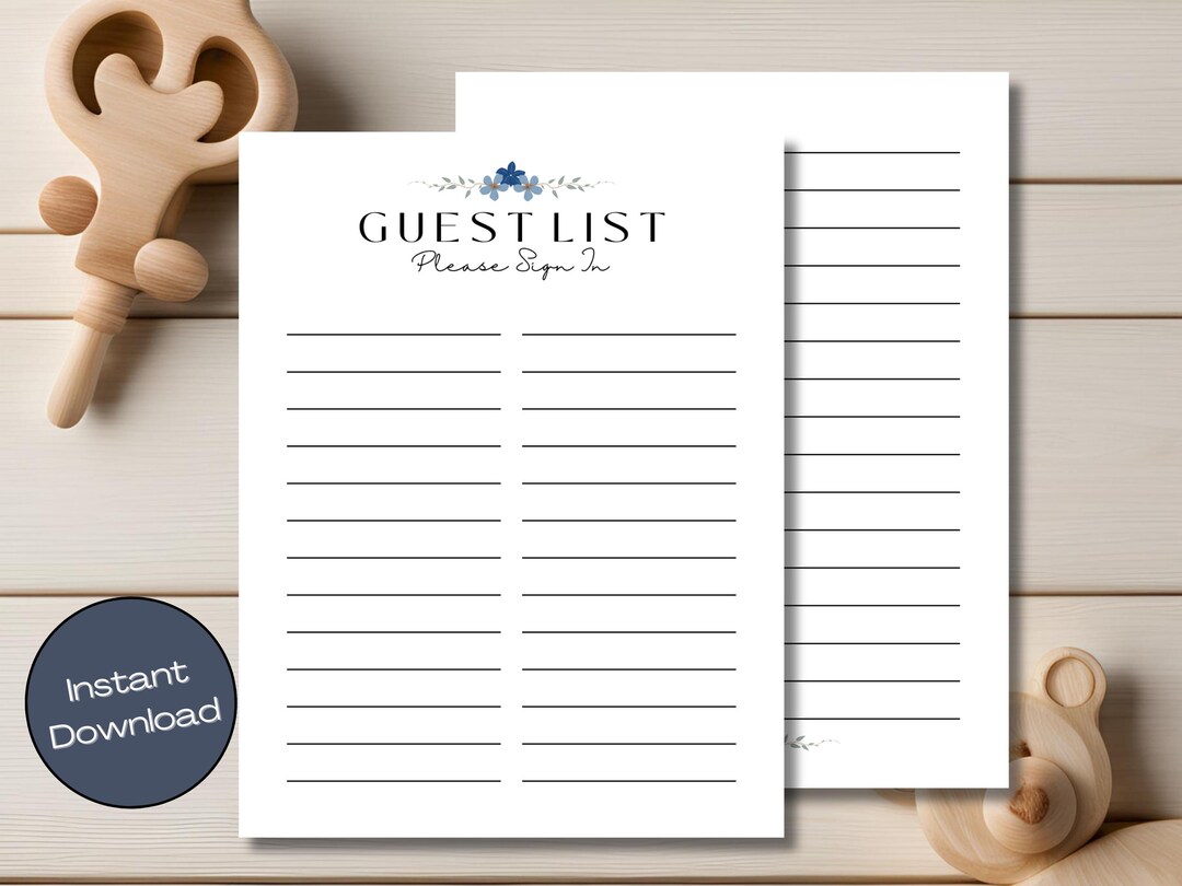 Guest List Sign in Sheet, Printable Blue Baby Shower Guest List, Baby ...