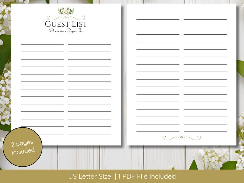Guest List Sign in Sheet, Wedding Shower Guest List, Printable Bridal ...