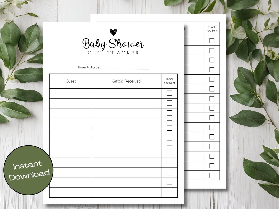 Baby Shower Gift Tracker, Printable Heart Gift Log, Simple Gift List ...