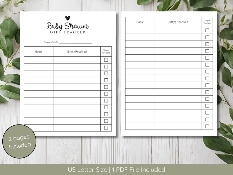 Baby Shower Gift Tracker, Printable Heart Gift Log, Simple Gift List ...