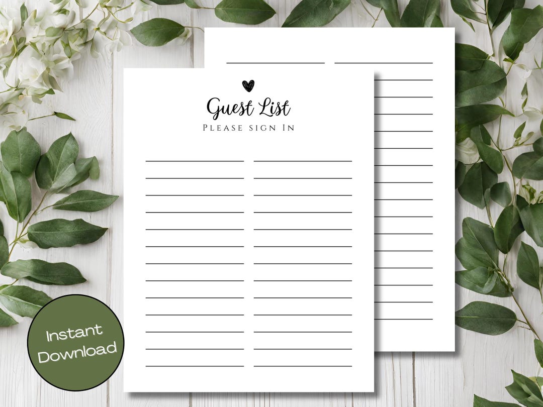 Guest List Sign in Sheet, Baby Shower Guest List, Printable Baby Shower ...